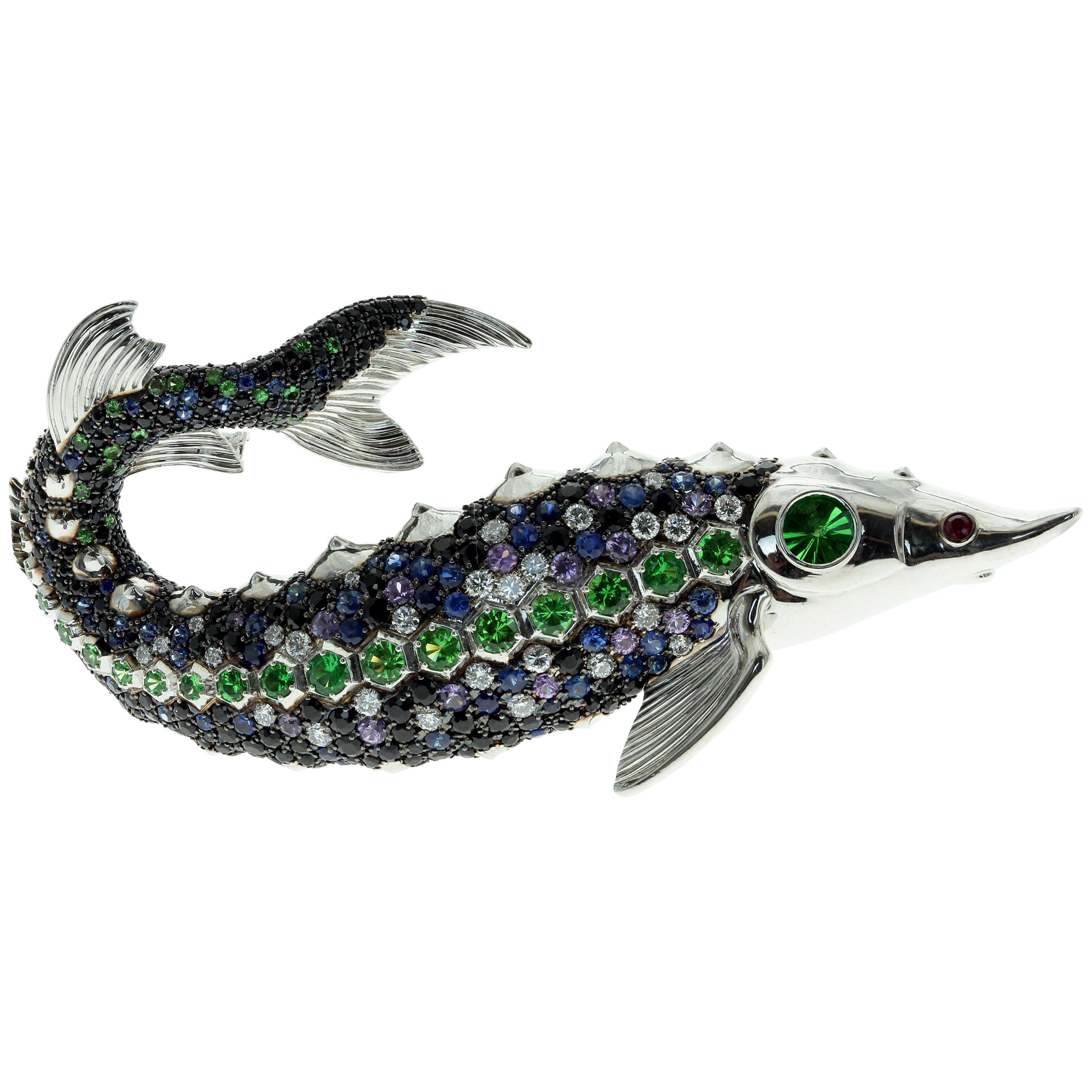 Diamond Sapphire Tsavorite 18 Karat Black Gold Sturgeon Brooch For Sale ...