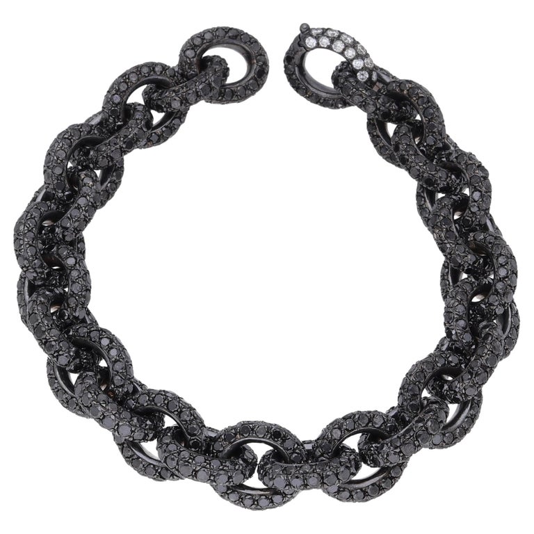 18 Karat Black Rhodium Gold Full Pave Black Diamonds Chain Bracelet For ...