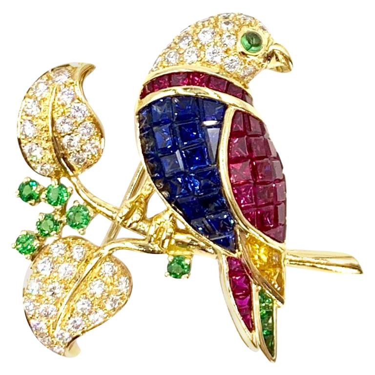 18 Karat Diamond and Gemstone Parrot Brooch For Sale at 1stDibs