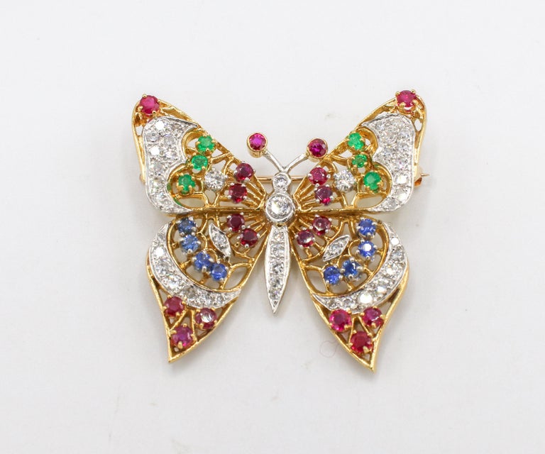 18 Karat Diamond and Gemstone Butterfly Pin Brooch For Sale at 1stDibs