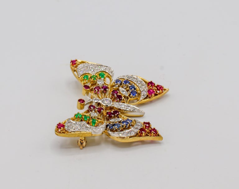 18 Karat Diamond and Gemstone Butterfly Pin Brooch For Sale at 1stDibs