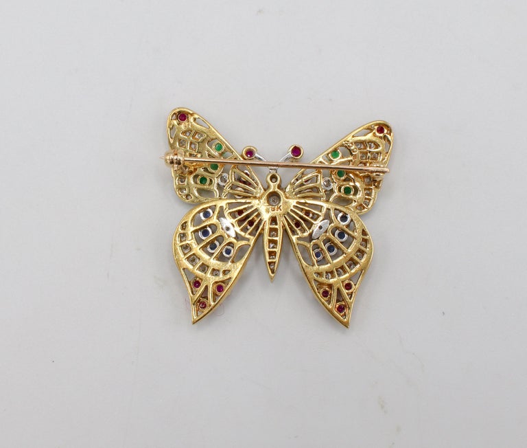 18 Karat Diamond and Gemstone Butterfly Pin Brooch For Sale at 1stDibs