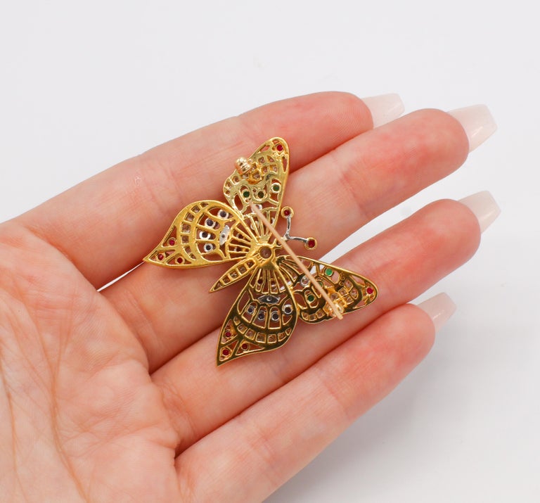 18 Karat Diamond and Gemstone Butterfly Pin Brooch For Sale at 1stDibs
