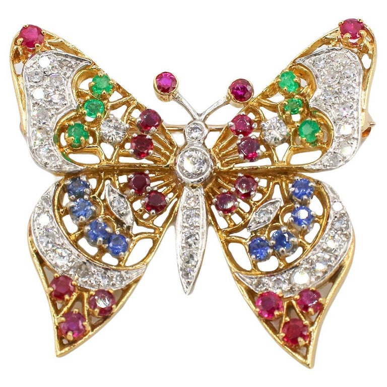 18 Karat Diamond and Gemstone Butterfly Pin Brooch For Sale at 1stDibs