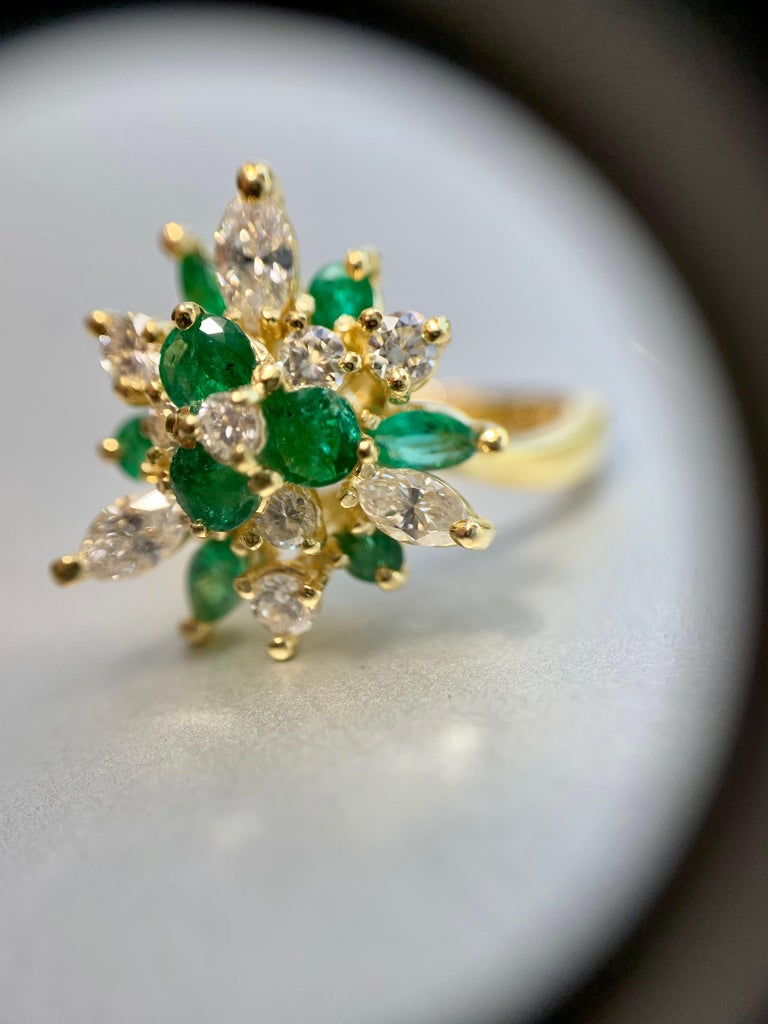 18 Karat Emerald and Diamond Cluster Spray Ring For Sale at 1stDibs