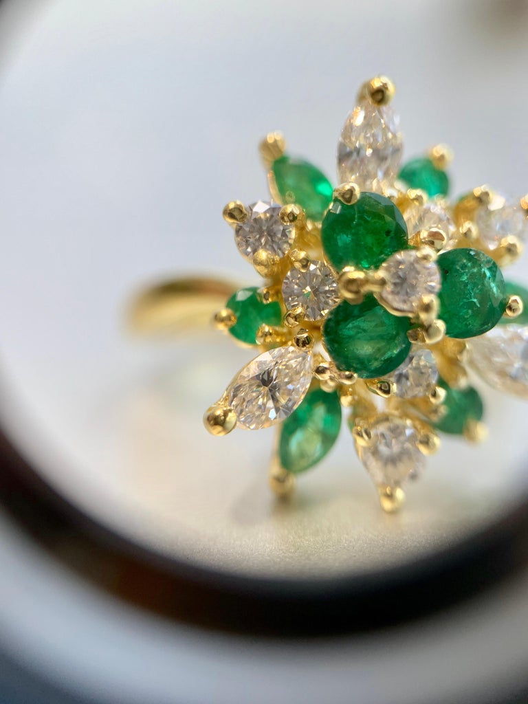 18 Karat Emerald and Diamond Cluster Spray Ring For Sale at 1stDibs