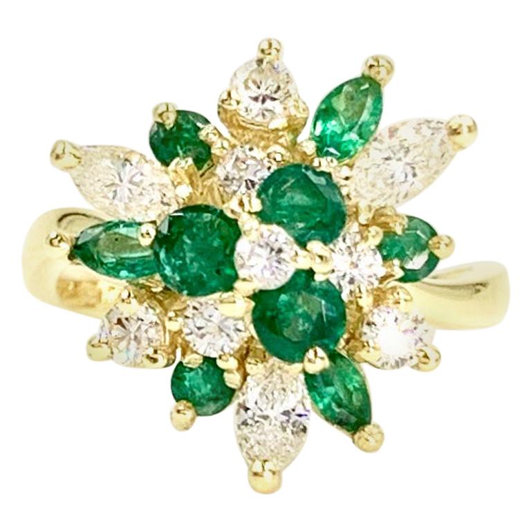 18 Karat Emerald and Diamond Cluster Spray Ring For Sale at 1stDibs