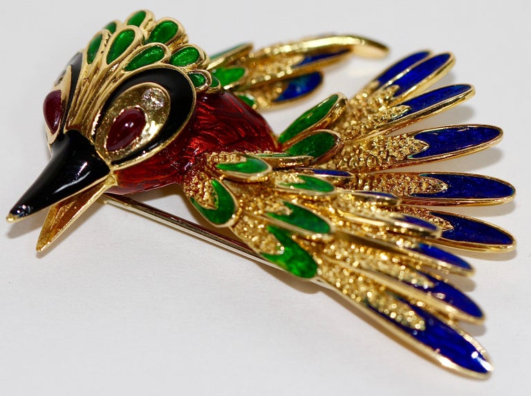 18 Karat Enamel Bird Gold Brooch Set with Rubies and Diamonds, Parrot ...