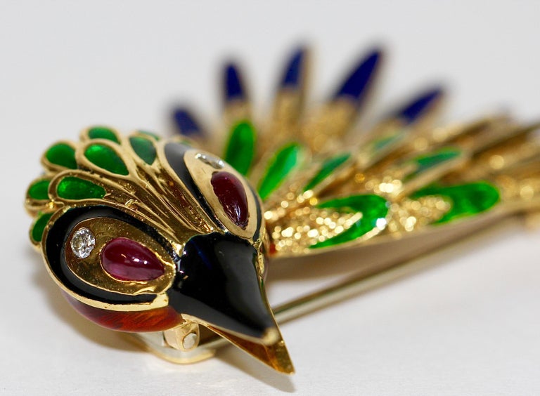 18 Karat Enamel Bird Gold Brooch Set with Rubies and Diamonds, Parrot ...