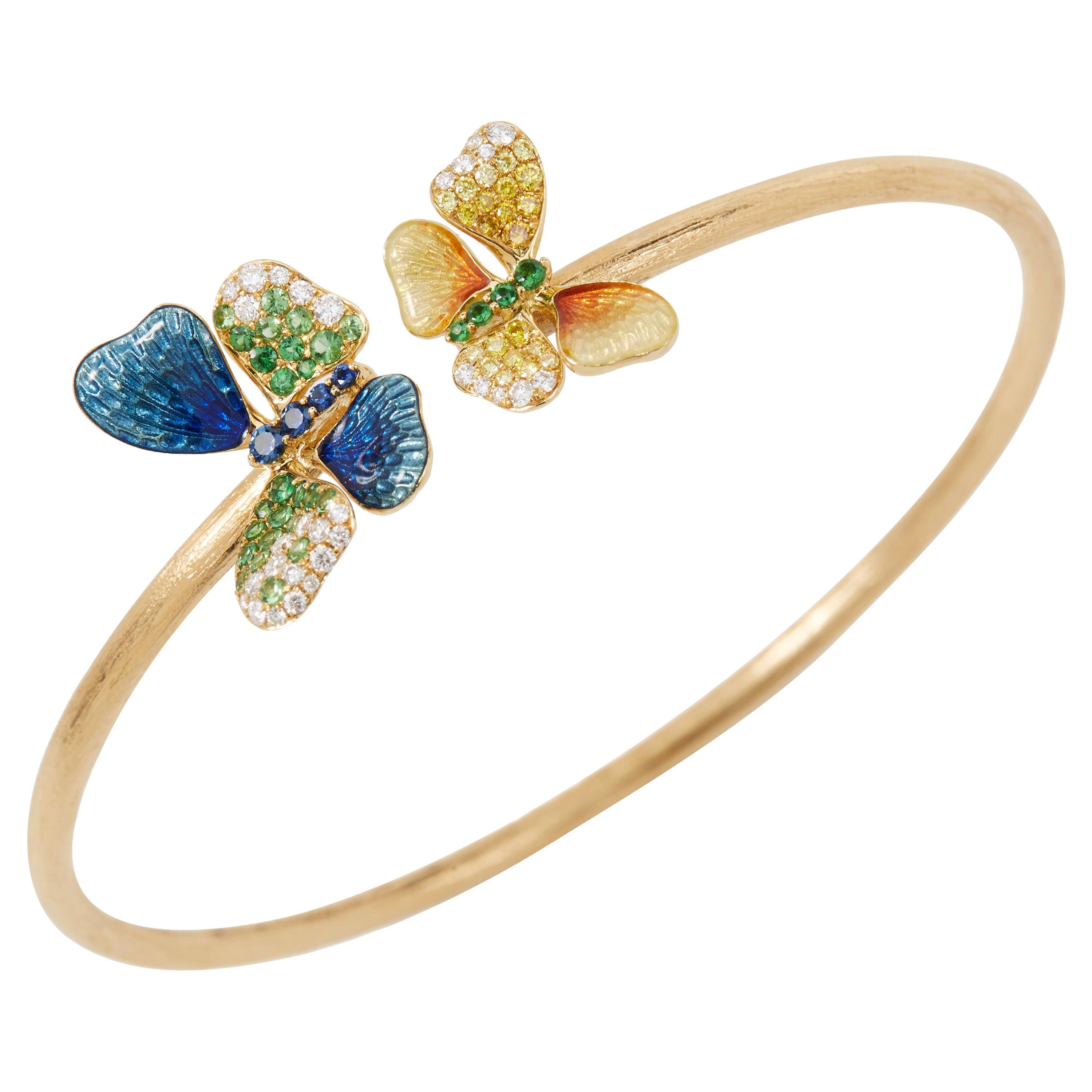 18 Karat Enamel Butterfly Bangle with Sapphire, Yellow and White ...