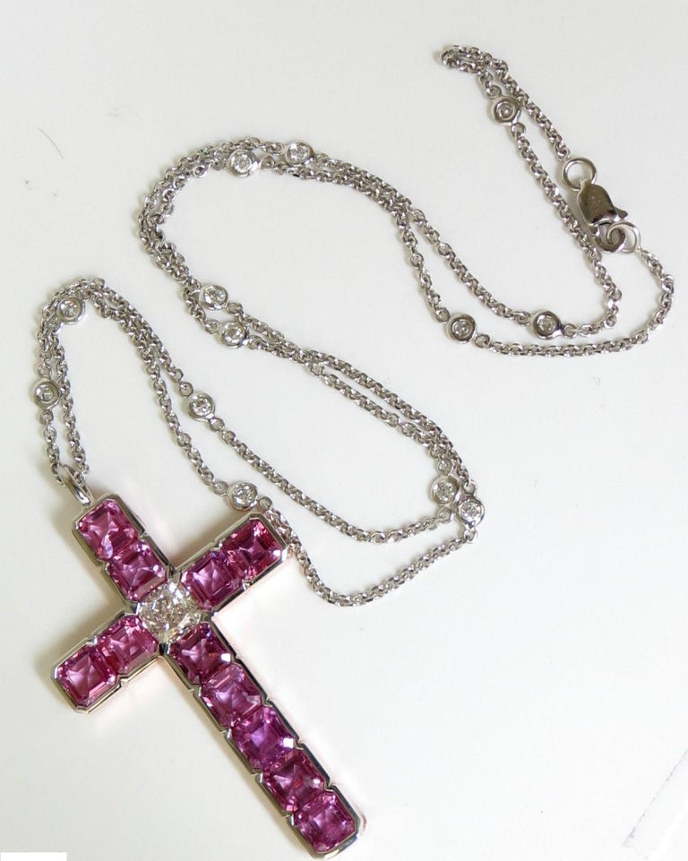 18 Karat GIA 10.41 Carat Natural Pink Sapphire Diamond Cross Pendant ...