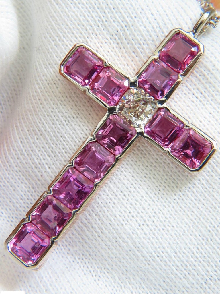 18 Karat GIA 10.41 Carat Natural Pink Sapphire Diamond Cross Pendant ...