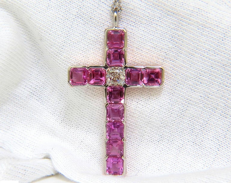 18 Karat GIA 10.41 Carat Natural Pink Sapphire Diamond Cross Pendant ...