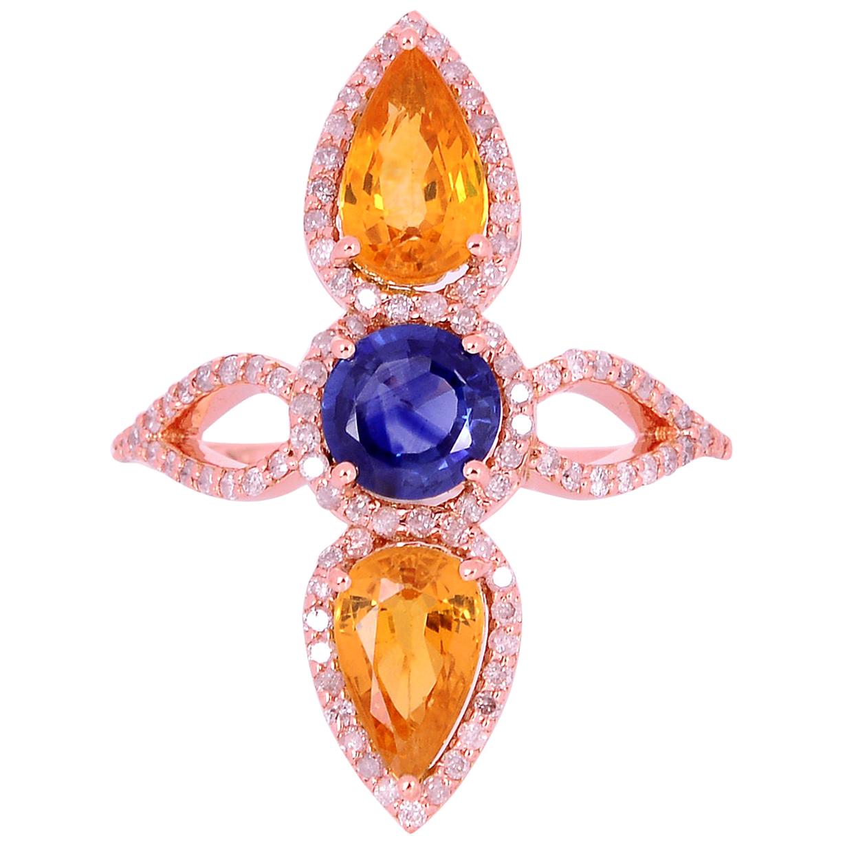 18 Karat White Gold 1.57 Carat Blue Sapphire Diamond Pave Flower Design ...