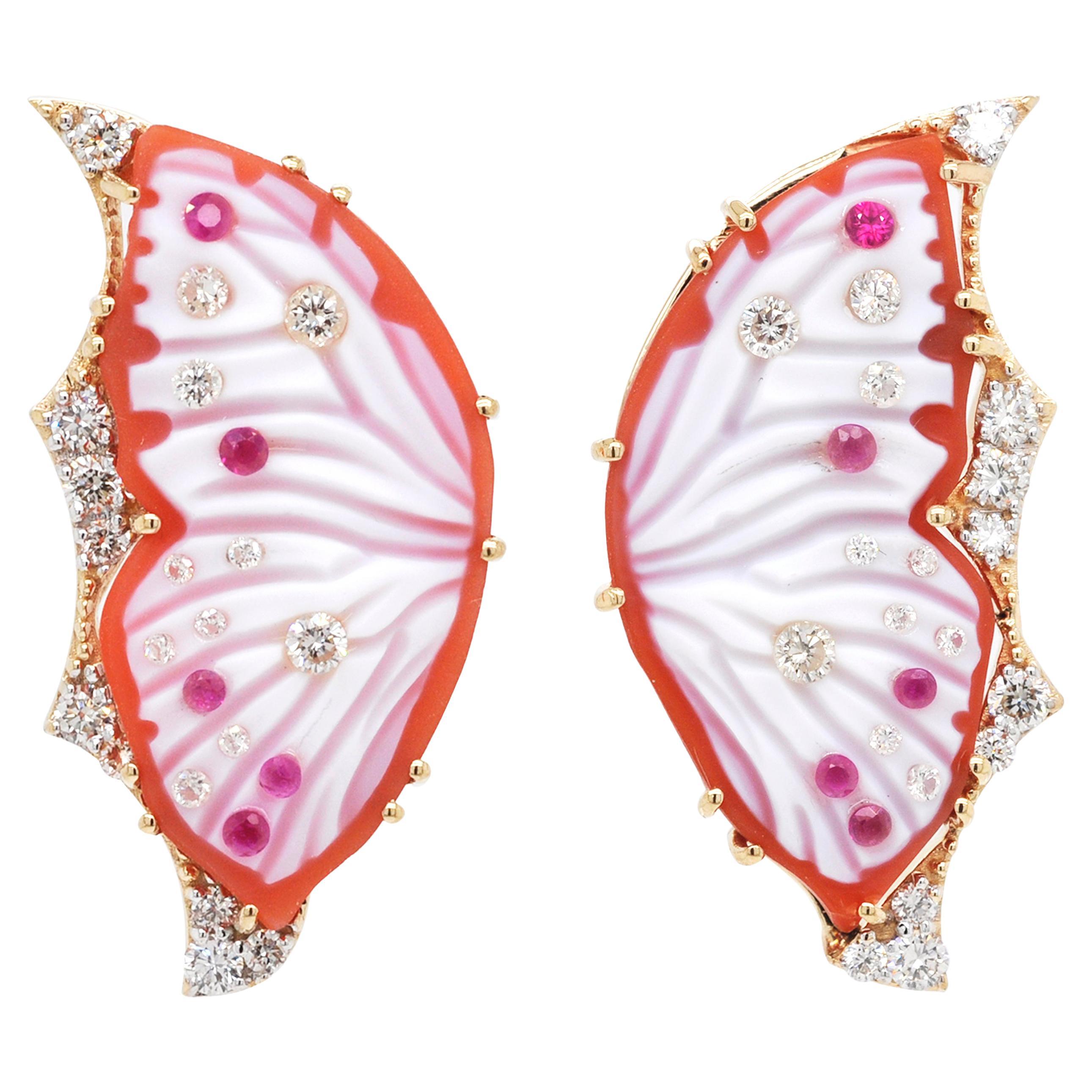18K Gold Princess Portrait Agate Gemstone Cameo Diamond Stud Earrings ...