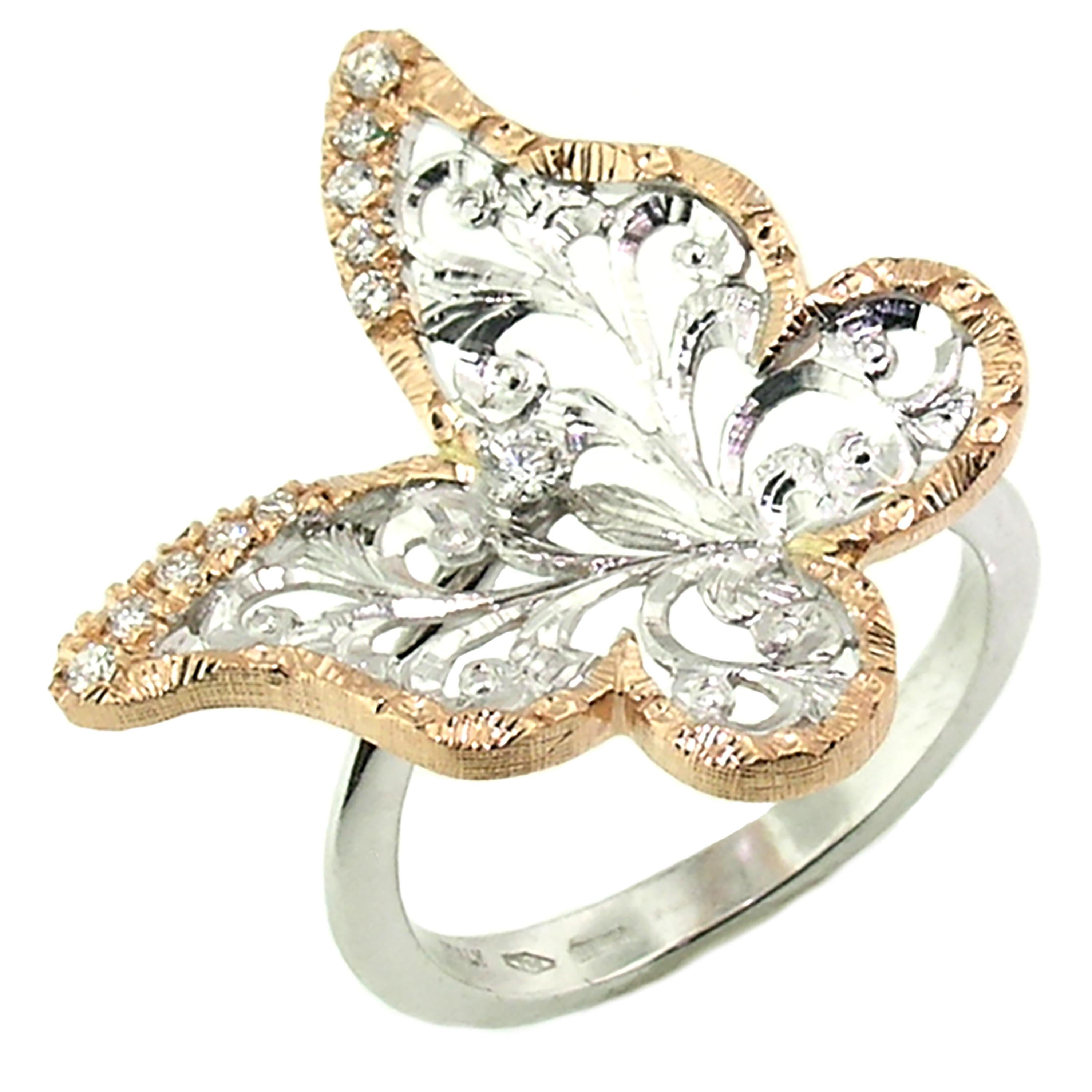 18 Karat Gold and Diamond Engraved Butterfly Ring, Handmade in Florence ...