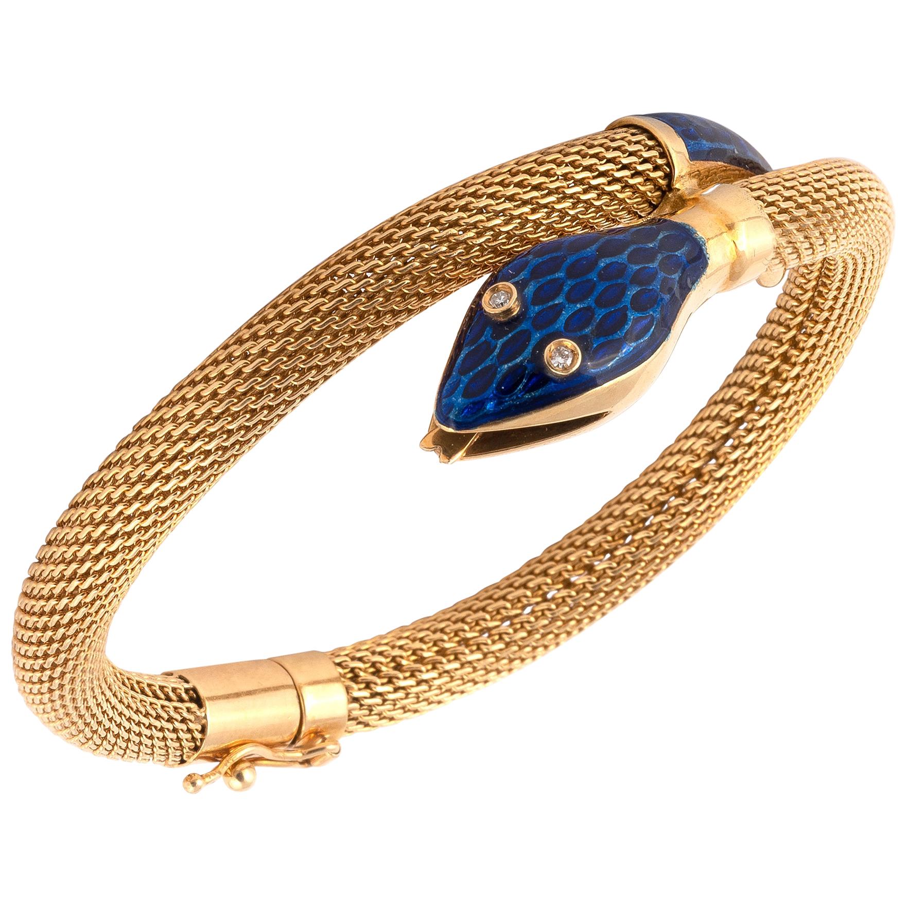 Victorian Enamel Diamond Gold Snake Bangle Bracelet at 1stDibs