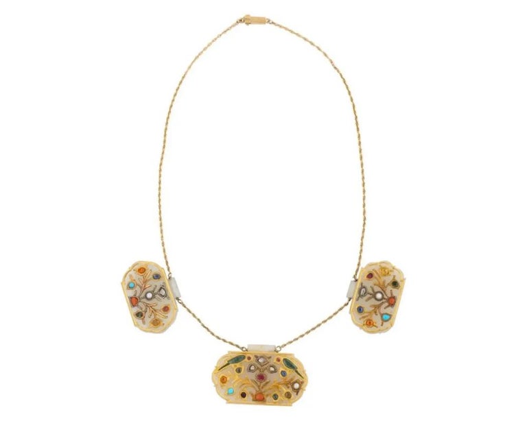 18 Karat Gold and White Jade Indian Mughal Necklace with Semi-Precious ...