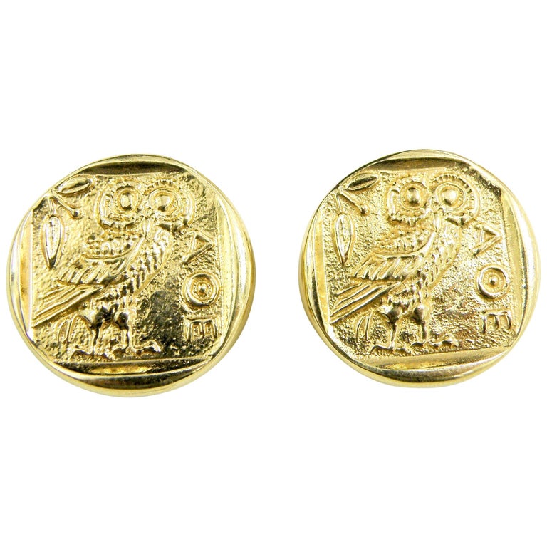 18 Karat Gold Athena Owl Coin Earring For Sale at 1stDibs