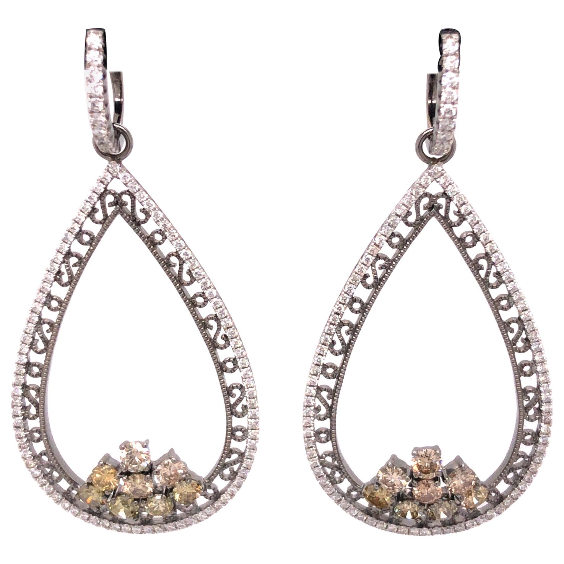 Black Rhodium Fancy Color Diamond Gold Drop Earrings For Sale at 1stDibs