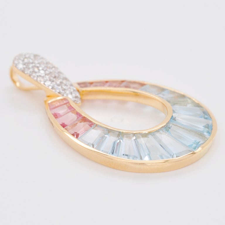 18K Gold Aquamarine Topaz Pink Tourmaline Raindrop Diamond Pendant ...