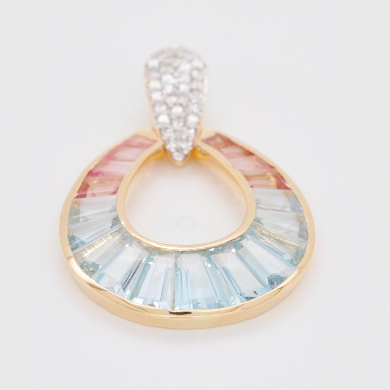 18K Gold Aquamarine Topaz Pink Tourmaline Raindrop Diamond Pendant ...