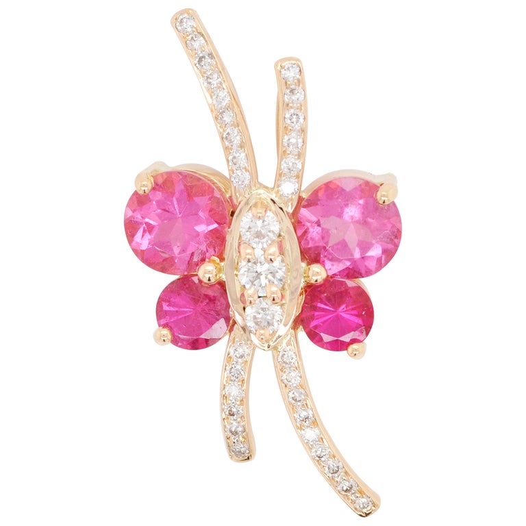 18 Karat Gold Butterfly Shaped Pink Tourmaline Diamond Pendant Necklace ...