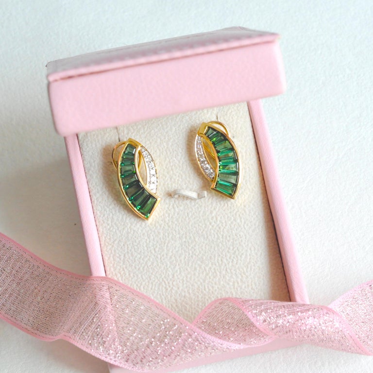 18 Karat Gold Caliber Cut Teal Green Tourmaline Baguette Diamond Stud ...