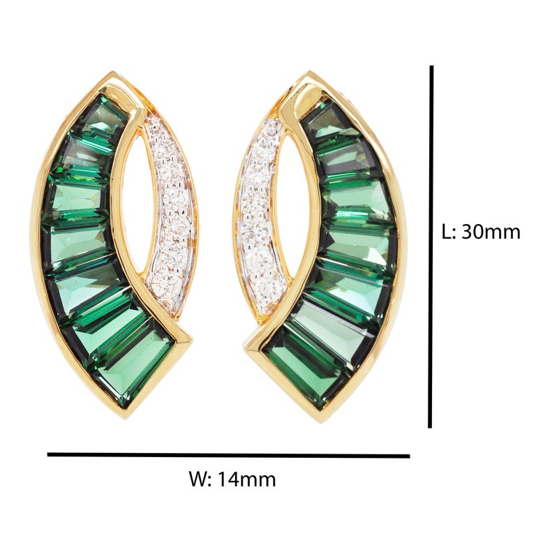 18 Karat Gold Caliber Cut Teal Green Tourmaline Baguette Diamond Stud ...