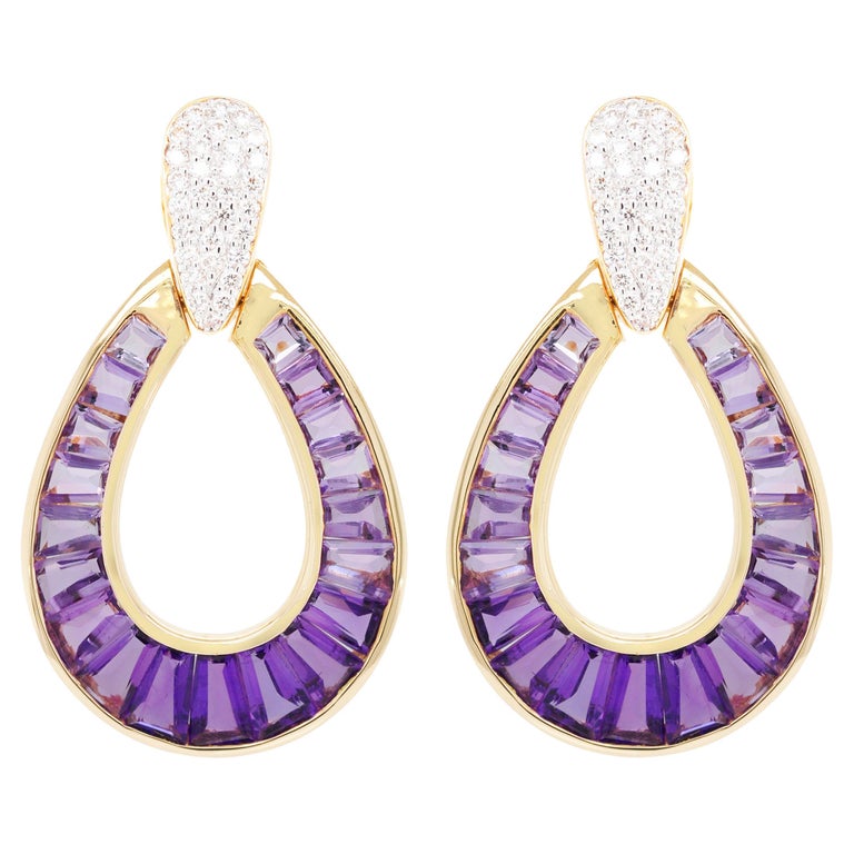 18 Karat Gold Calibre Cut Amethyst Taper Baguette Diamond Dangling Drop ...
