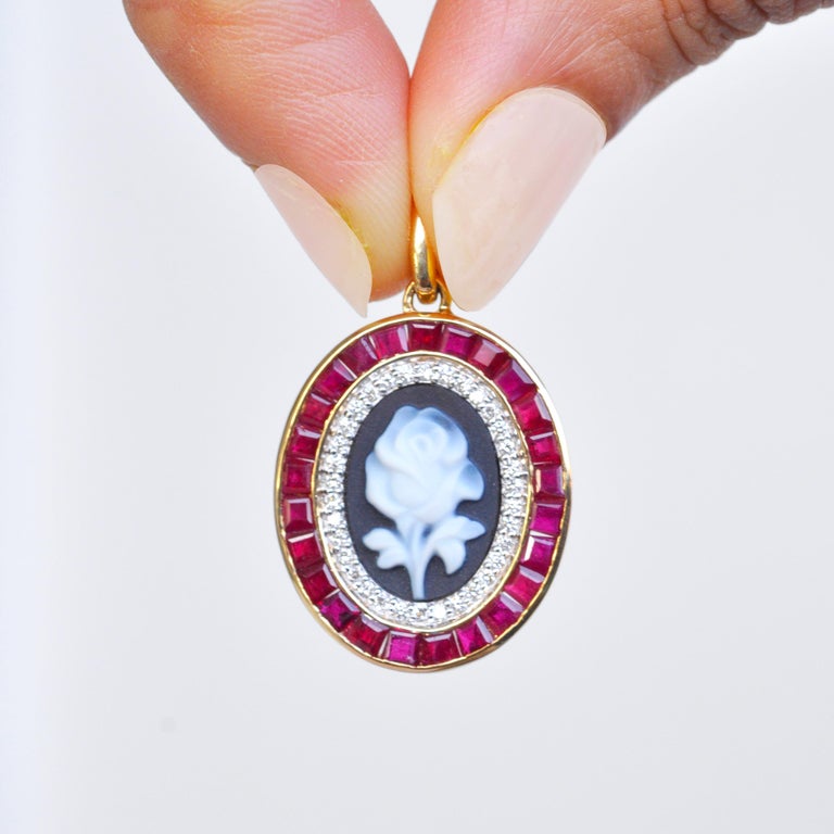 18 Karat Gold Calibre Cut Burma Ruby Diamond Rose Agate Cameo Pendant ...