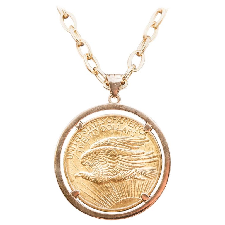 18 Karat Gold Chain and Piece Pendant Pure Gold Twenty American Dollars ...