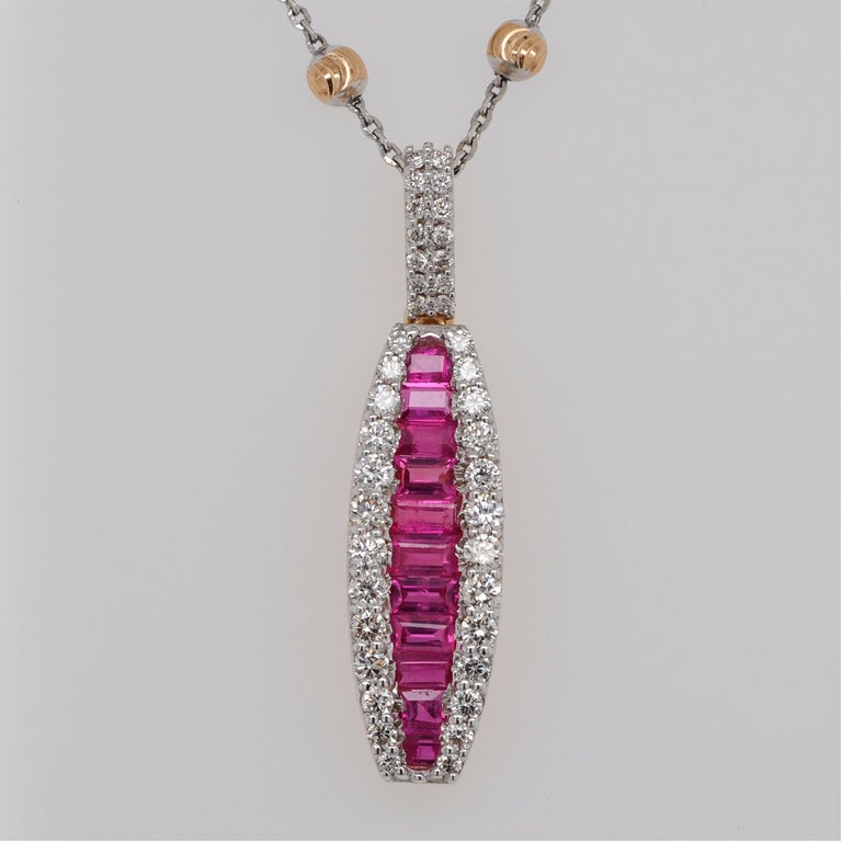 18 Karat Yellow Gold Channel Set Ruby Baguette Diamond Linear Pendant ...