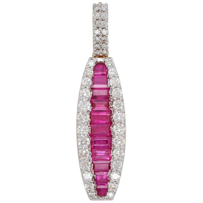 18 Karat Yellow Gold Channel Set Ruby Baguette Diamond Linear Pendant ...