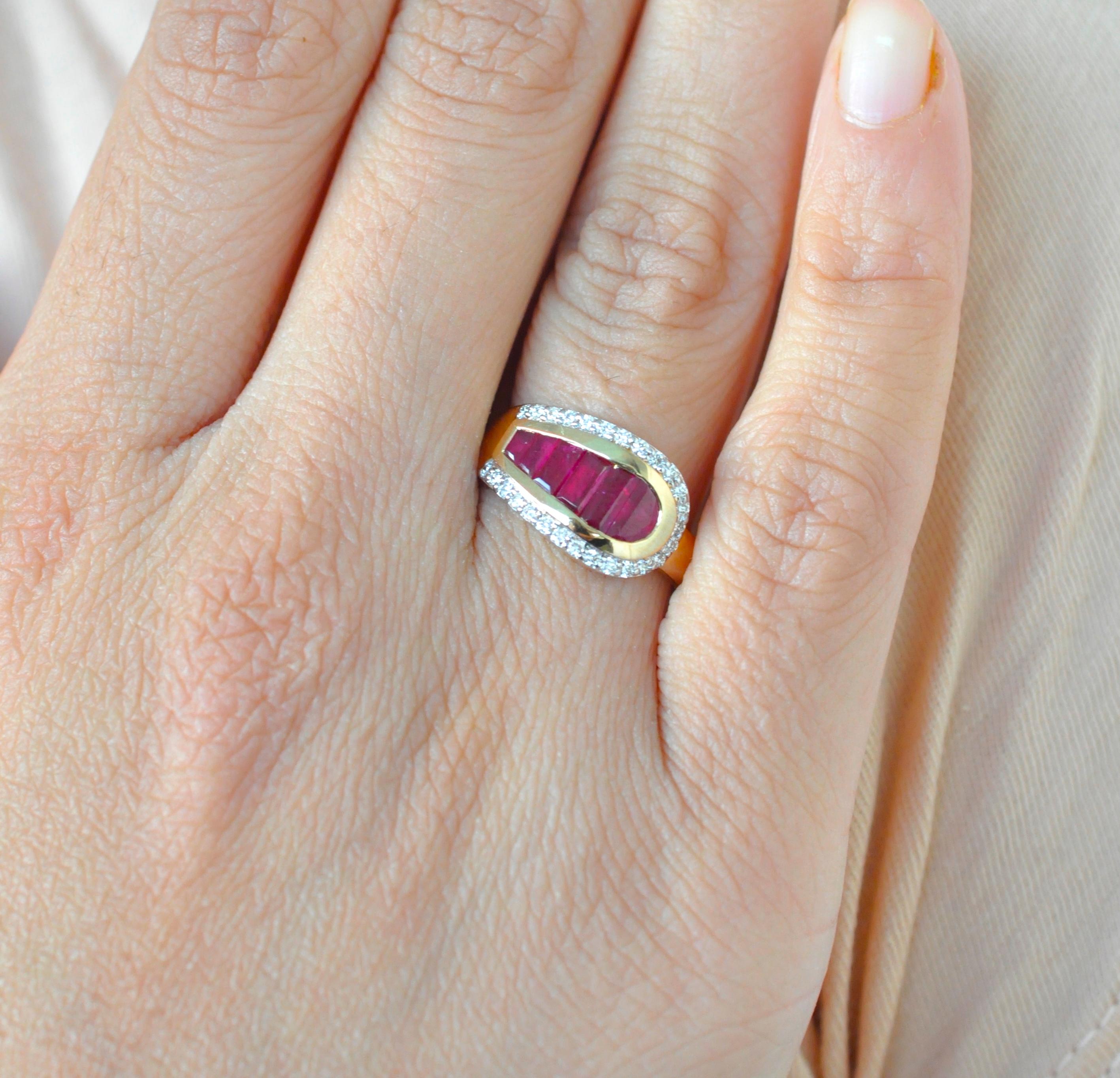 18 Karat Gold Calibre Cut Channel Set Ruby Baguettes Diamond Round Ring ...