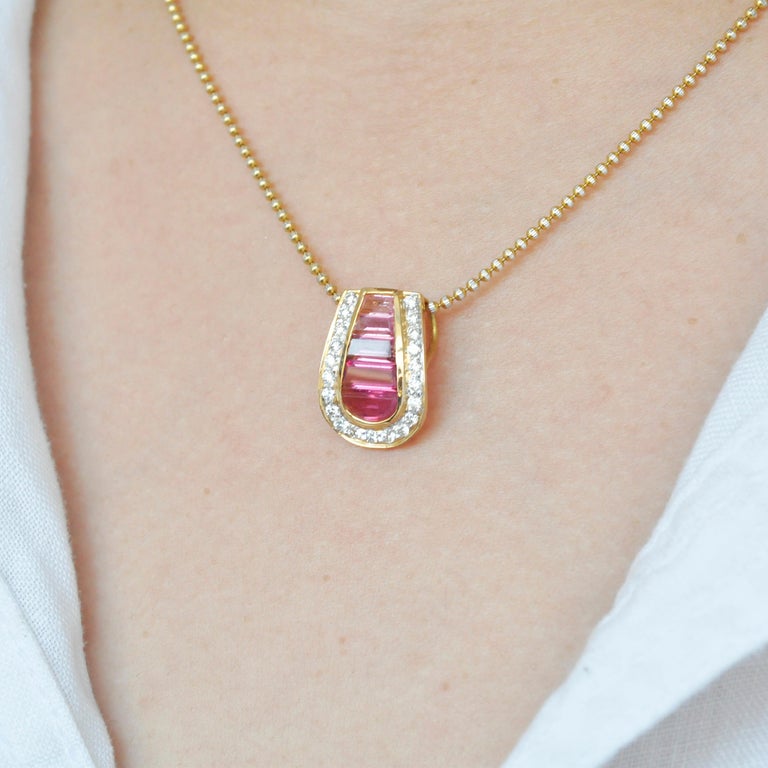 18 Karat Gold Channel Set Taper Baguette Pink Tourmaline Diamond ...