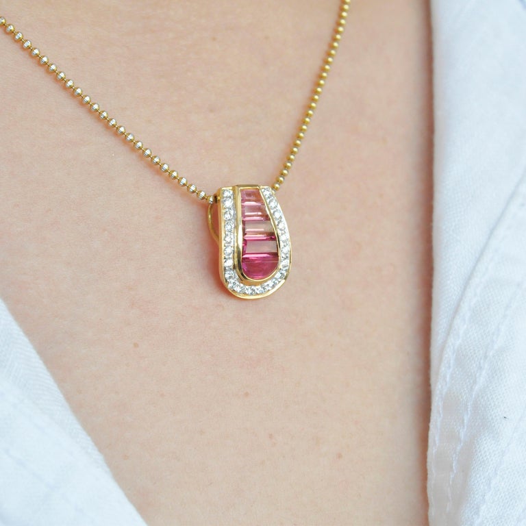 18 Karat Gold Channel Set Taper Baguette Pink Tourmaline Diamond ...