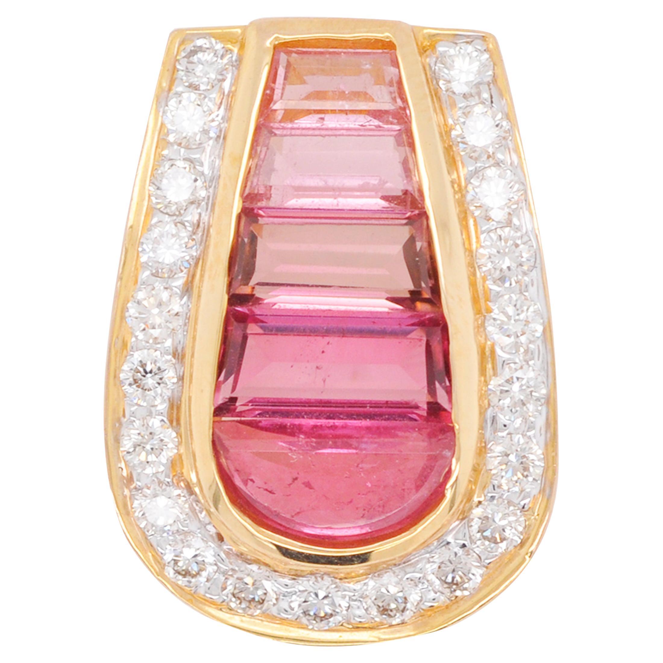 18 Karat Gold Channel Set Pink Tourmaline Baguette Diamond Pendant ...