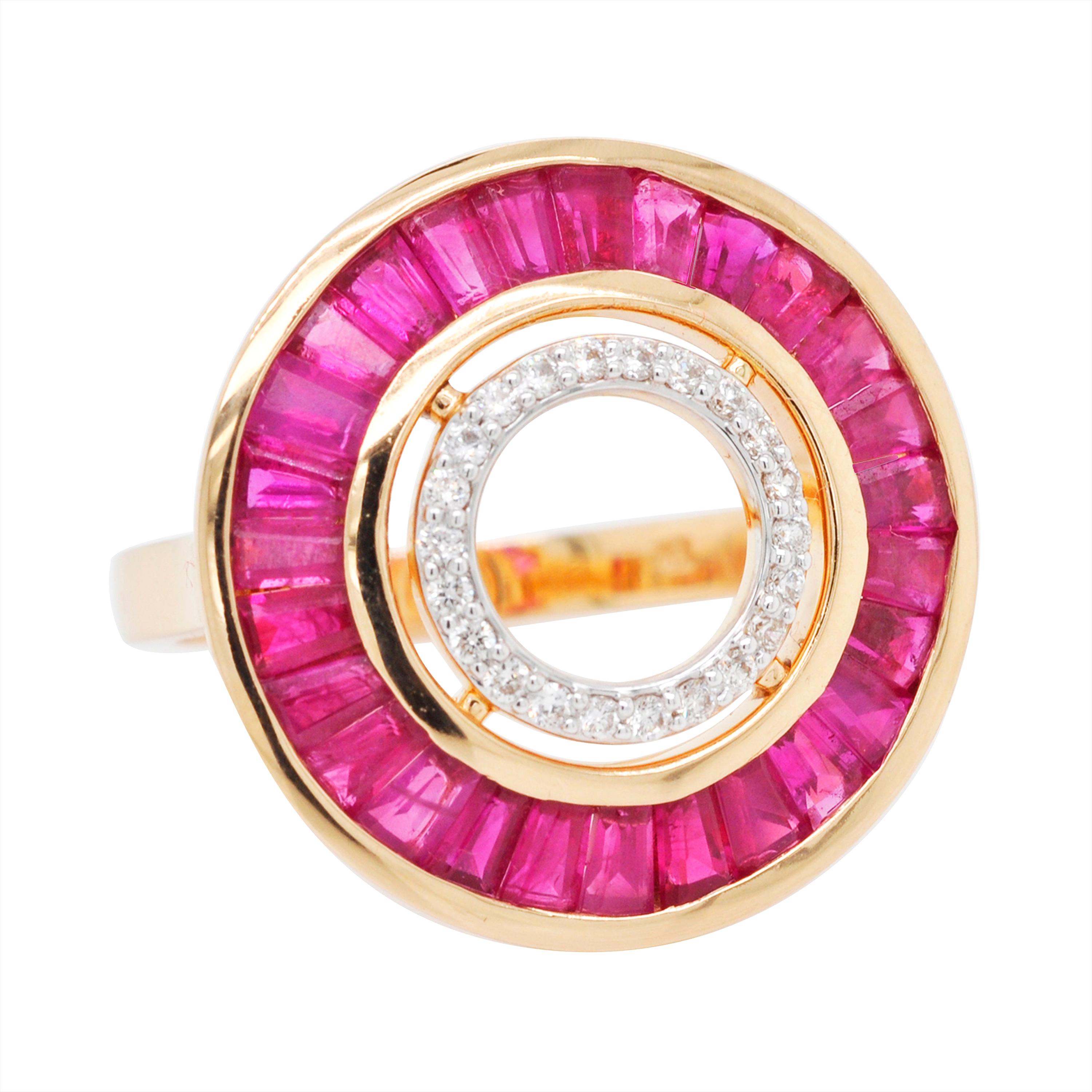 18 Karat Yellow Gold Natural Ruby Baguette Diamond Flower Cocktail Ring ...