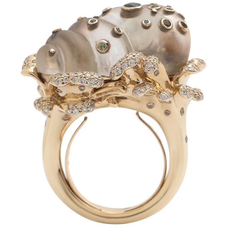 18 Karat Gold Diamond and Sapphire Japanese Waves Ring with Rock ...