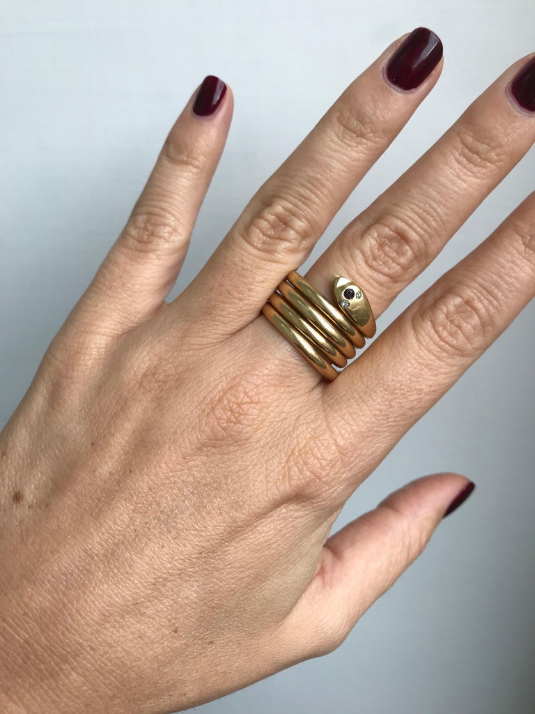 18 Karat Gold Diamond Coiled Snake Ring at 1stDibs