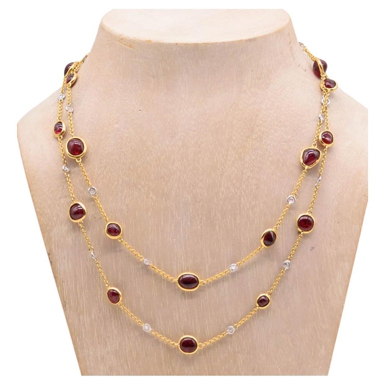 18 Karat Gold Diamond Double Cabochon Red Spinel Longchain For Sale at ...