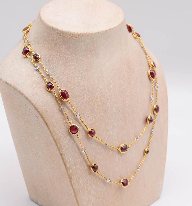 18 Karat Gold Diamond Double Cabochon Red Spinel Longchain For Sale at ...