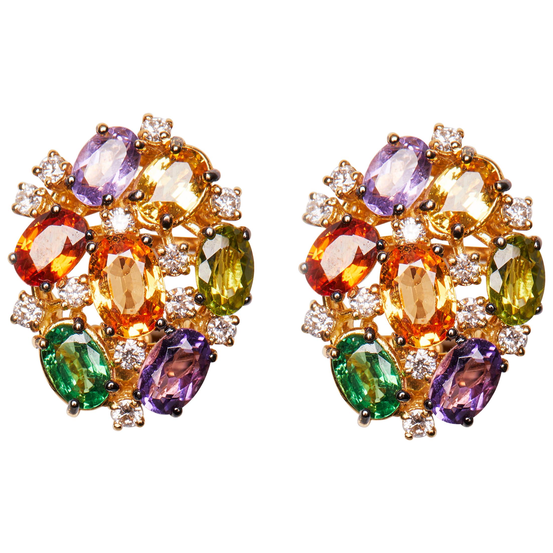 18 Karat Gold Diamond Peridot Garnet Amethyst and Sapphire Cluster ...