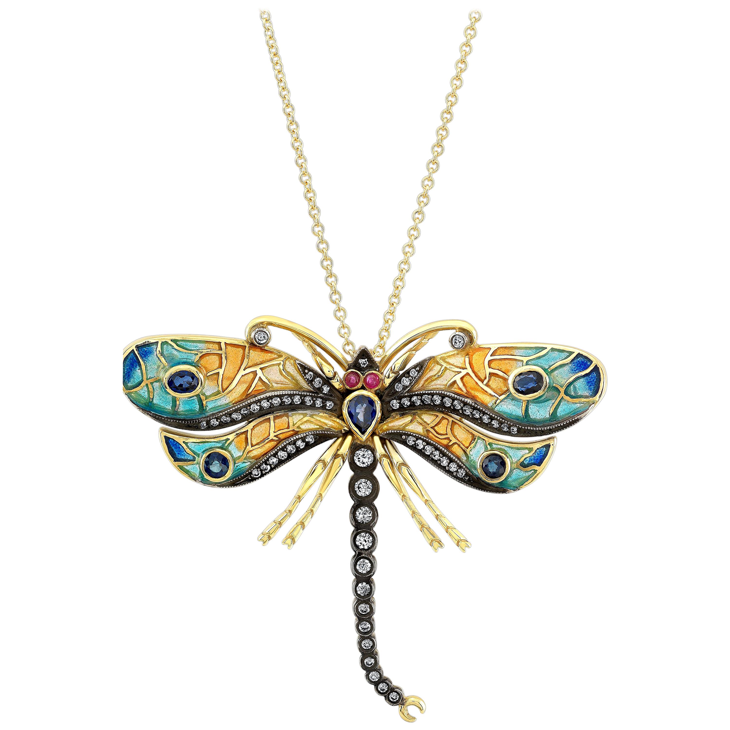 18 Karat Gold, Diamond, Sapphire and Ruby Mosaic Dragonfly Pendant or ...