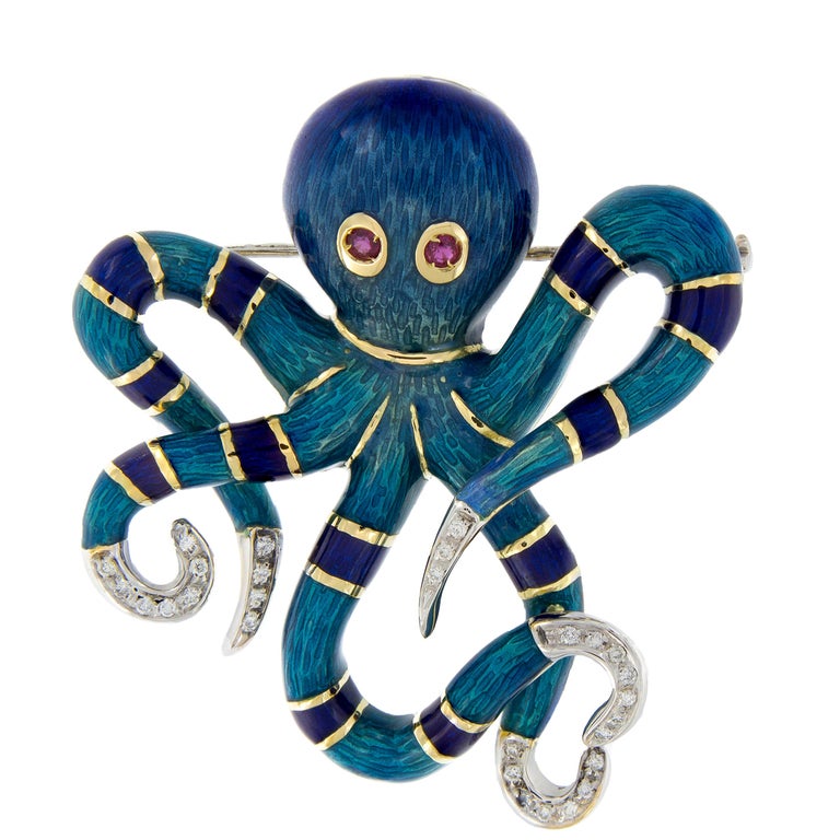 18 Karat Gold Enamel And Diamond Octopus Brooche For Sale at 1stDibs