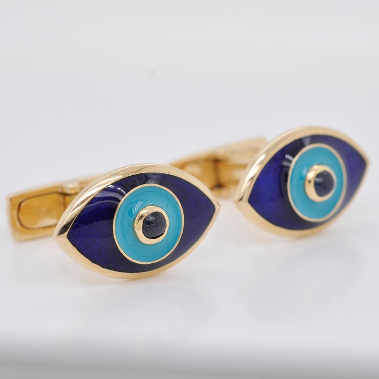 18 Karat Gold Evil Eye Enamel Blue Sapphire Cufflinks For Sale at ...