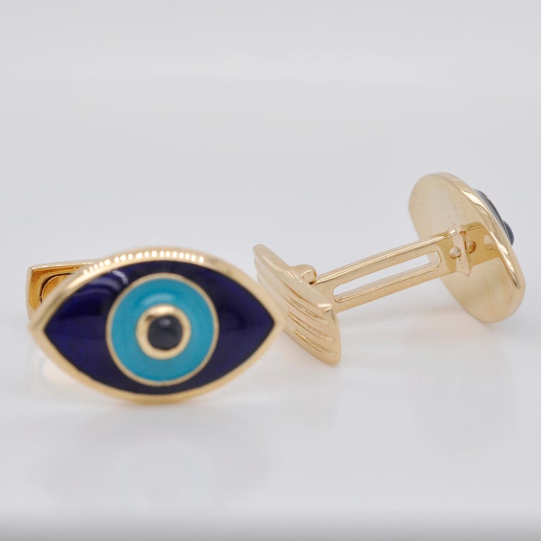 18 Karat Gold Evil Eye Enamel Blue Sapphire Cufflinks For Sale at 1stDibs
