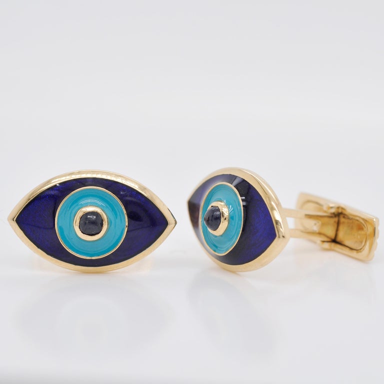 18 Karat Gold Evil Eye Enamel Blue Sapphire Cufflinks For Sale at 1stDibs