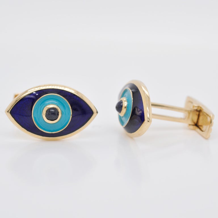 18 Karat Gold Evil Eye Enamel Blue Sapphire Cufflinks For Sale at ...